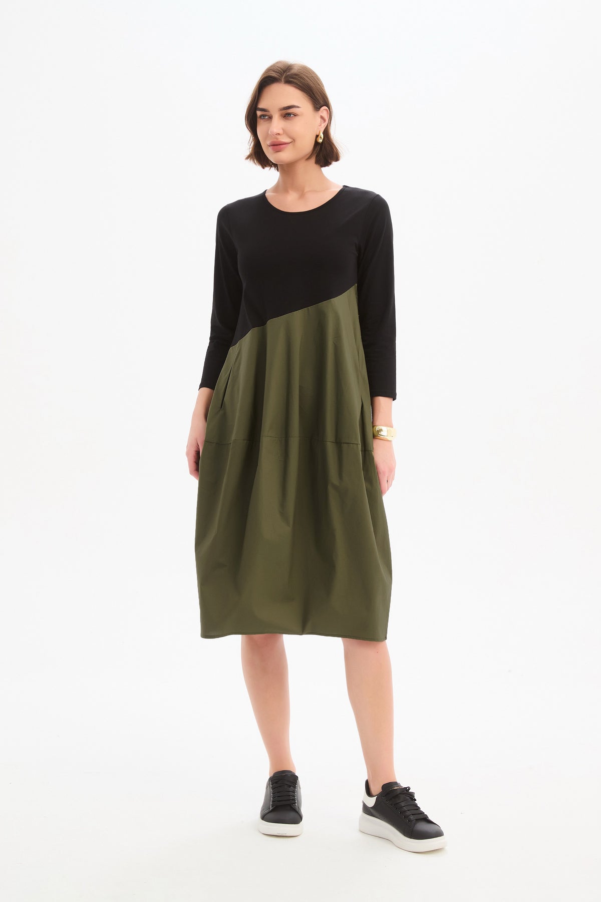 Women's Cotton Midi Dress & Pockets | Diagonal Seam Dresses - TIRELLI