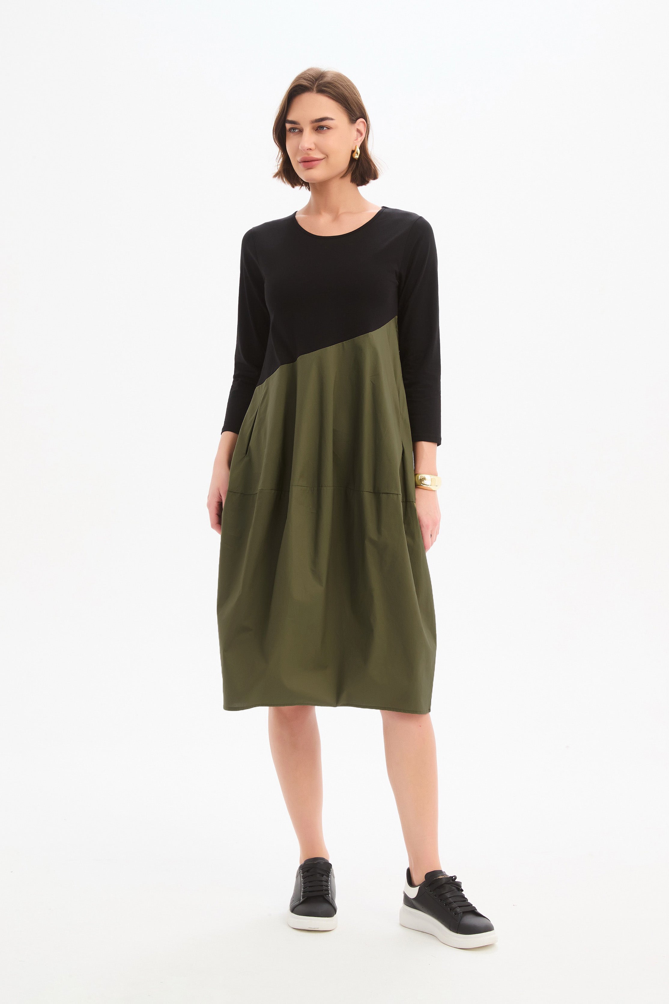 Diagonal Seam Combi Dress | Women's Cotton Midi Dress With Pockets ...